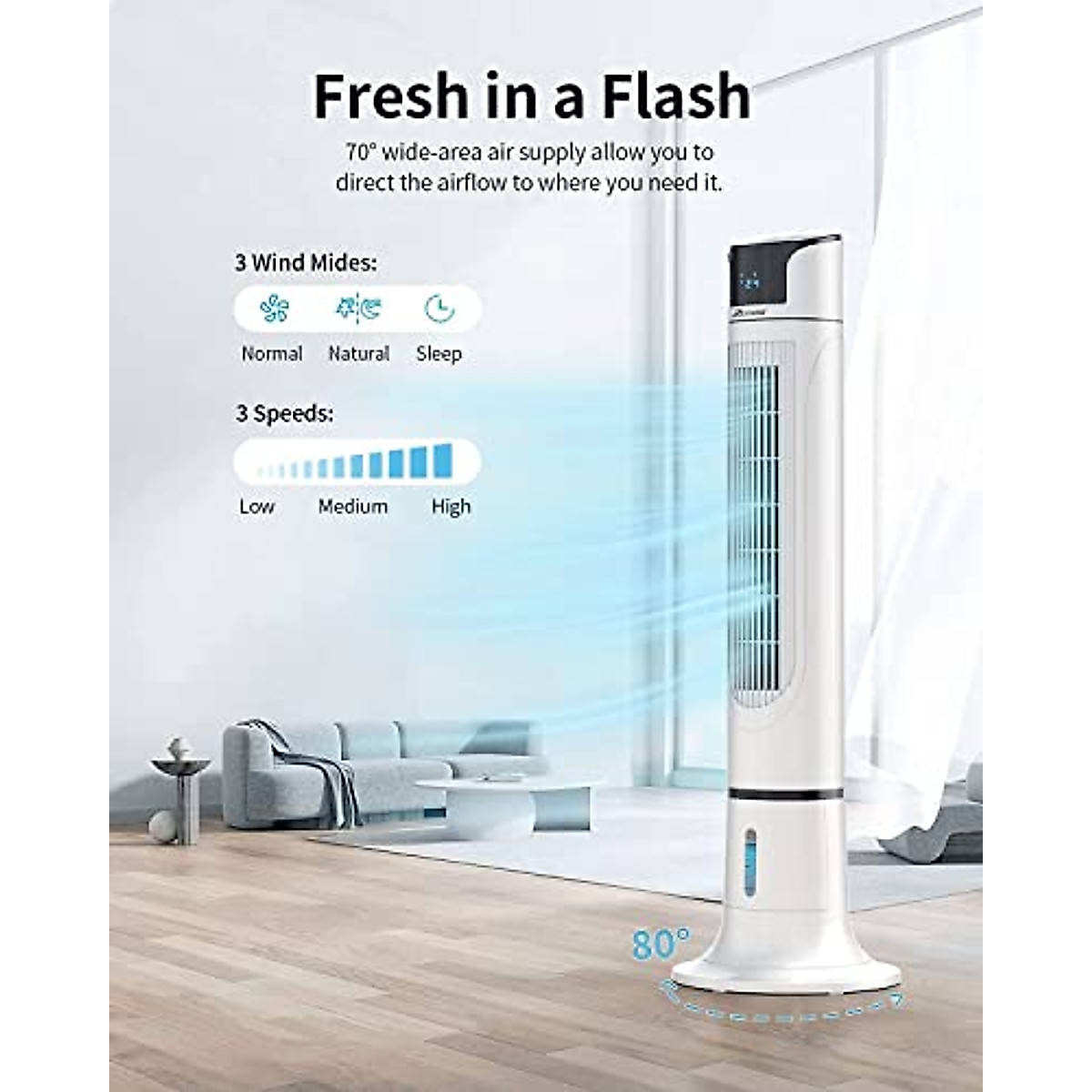 Evaporative Air Cooler, 45" Tower Fans that Blow Cold Air Cooling Fan with 90° Oscillating, Touch and Remote Control, 3 Mode / 3 Speeds, 5L Water Tank, 15H Timer, 2 Ice Boxes Fan for Bed Room Office