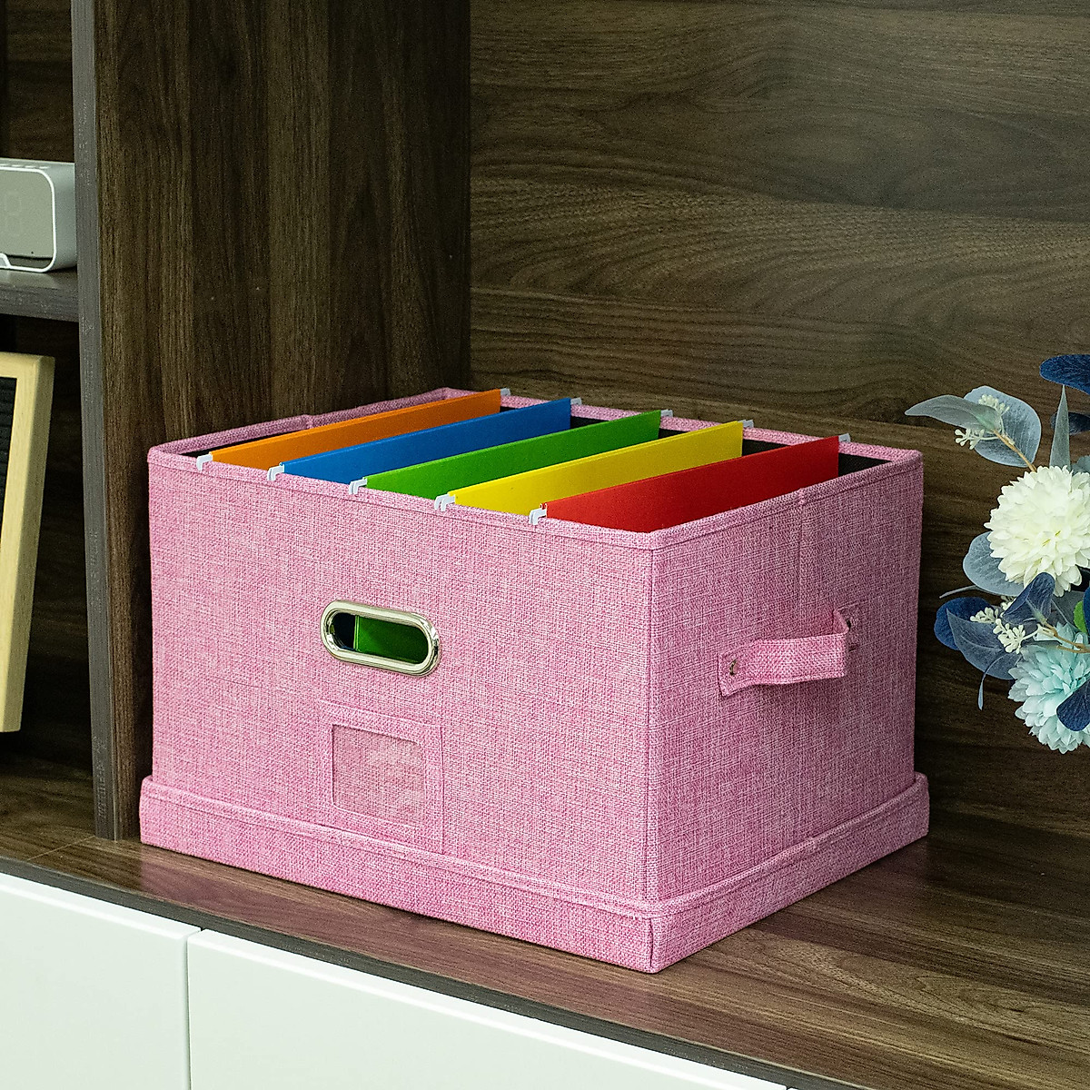 JSungo File Box with 5 Hanging Filing Folders, Document Organizer Storage for Office, Collapsible Linen Storage Box with Lids, Home Portable Storage with Handle, Letter Size Legal Folder, Pink