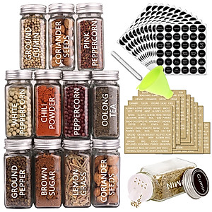 SWOMMOLY 36 Glass Spice Jars with 703 Spice Labels, Empty Square Spice Bottles 4 oz with Pour/Sift Shaker Lid, Airtight Cap, Chalk Marker and Funnel Complete Set