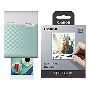 Canon SELPHY QX10 Compact Square Photo Printer, Green with Canon Color Ink/Label Set XS-20L (20 Sheets), Compatible to Canon SELPHY Square Printer
