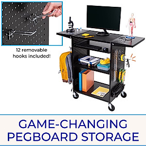 Line Leader Stellar AV Cart | Reimagine Your Teacher Cart with Revolutionary Pegboard Siding & 12 Movable Hooks for Customizable Storage | UL Safety Certified Cart | Keyboard Tray & Drop Leaf Shelving