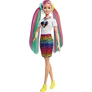 Barbie Doll Leopard Rainbow Hair with Color-Change Highlights & 16 Styling Accessories Including Clothes, Scrunchies, Brush & More