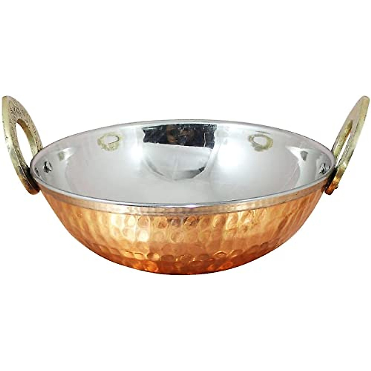 PARIJAT HANDICRAFT Stainless steel copper serving kadhai pan with steel mug and embossed brass shot jigger