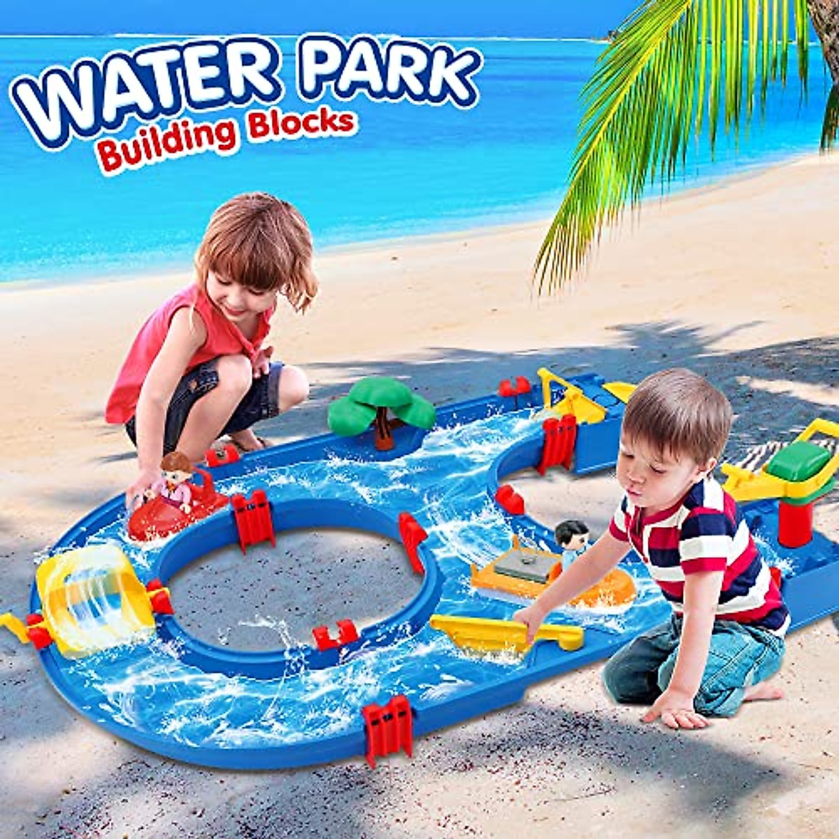 VATOS Water Toy for Kids,39pcs DIY Mini Water Park Building Blocks Toy on Table or Lawn,Beach, Waterway Playset with 2 Boats, for Kids in Summer Outdoor Backyard