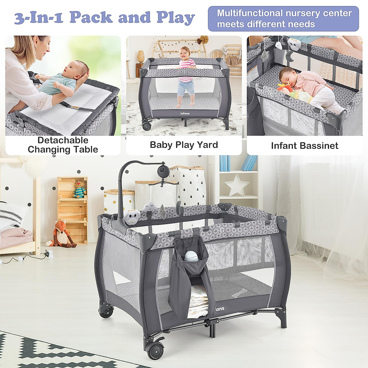 INFANS 3 in 1 Pack and Play, Portable Travel Baby Crib Bassinet with Detachable Mattress, Newborn Changing Table, Foldable Playpen with Carry Bag and 2 Wheels (Classic)