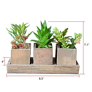 Set of 3 Fake Succulents Plants, Artificial Succulents with Rustic Style Wood Square Pots & Rectangular Tray, Desktop herb Garden Mini Faux Succulents for Home Décor