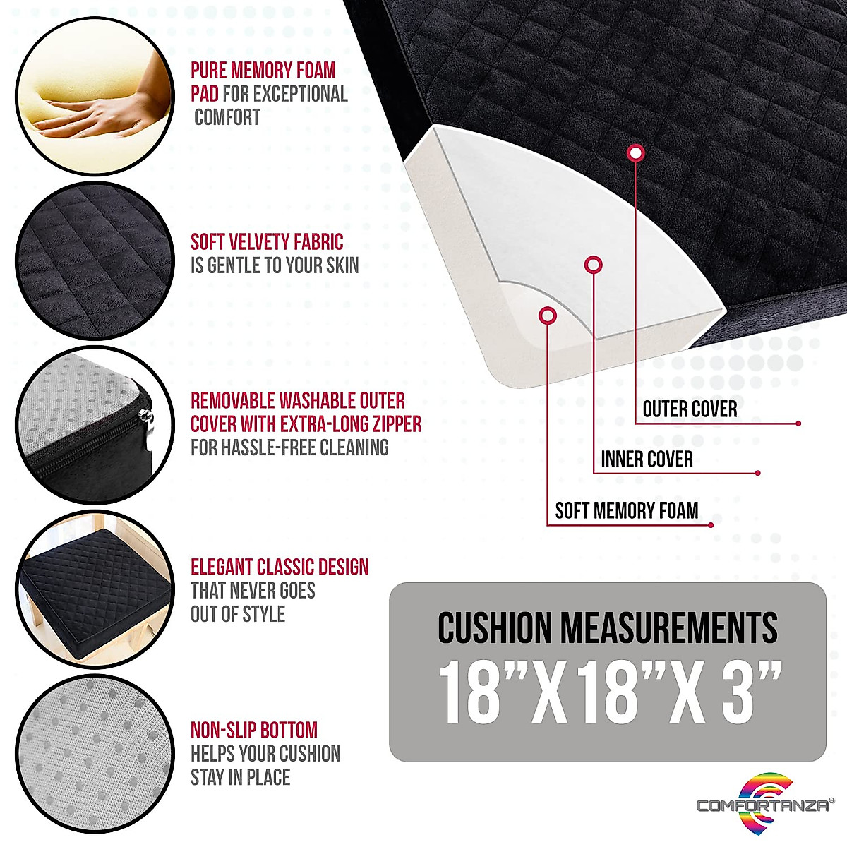 COMFORTANZA Chair Seat Cushion - 18x18x3 Memory Foam Square Thick Non-Slip Pads for Kitchen, Dining, Office Chairs and Car Seats - Comfort and Back Pain Relief - Soft - Black