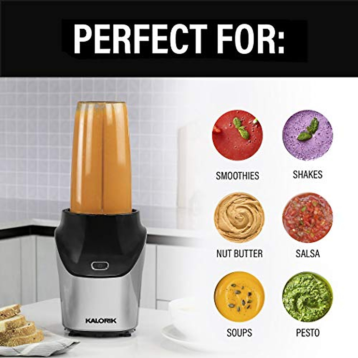 Kalorik NBL 45545 Bullet Blender Set (34 oz | 15.2 oz) High-Speed Portable Fitness Blender Set with Personal Blending Cup, Grinding Cup, Seal Lids, & To-Go Lid | 1000W | Black & Stainless Steel