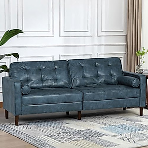 Lesofair 80" Faux Leather 2-seat Sofa with 2 Bolster Pillows, Tufted Loveseat with Wooden Legs, Modern Couch Suitable for Living Room, Office, Blue