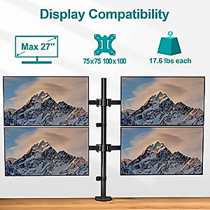 MOUNT PRO Quad Monitor Stand, 4 Monitor Mount for 13 to 27 inch Computer Screens, Hold up to 17.6lbs Each, Fully Adjustable Stacked 4 Monitor Desk Mount, VESA Mount, C clamp/Grommet Base