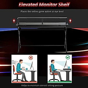 HOMCOM 55 inch Gaming Desk Racing Style Computer Office PC Gamer Workstation with Elevated Monitor Stand, Headphone Hook, Black