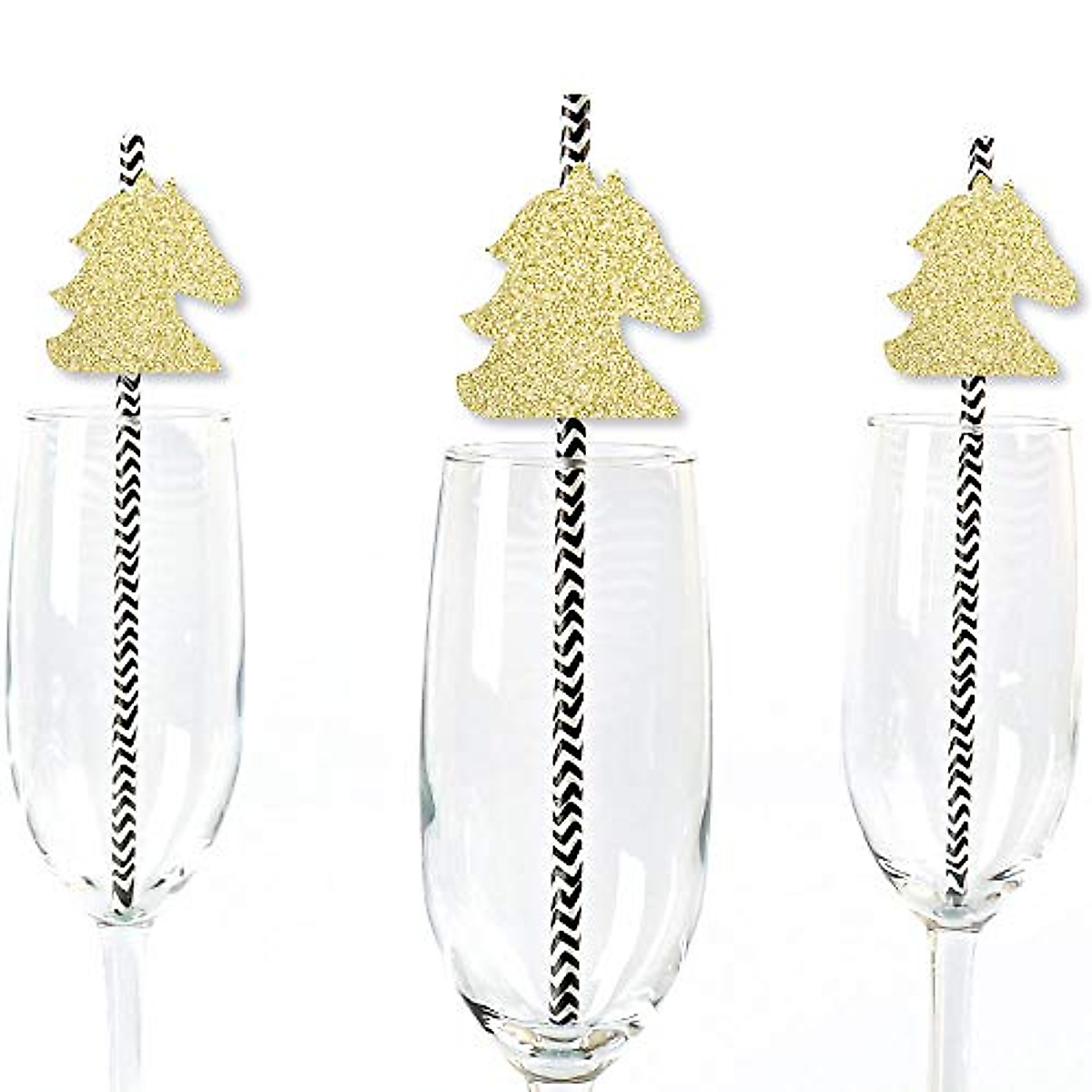 Gold Glitter Horse Party Straws - No-Mess Real Gold Glitter Cut-Outs and Decorative Kentucky Horse Derby Horse Race Party Paper Straws - Set of 24