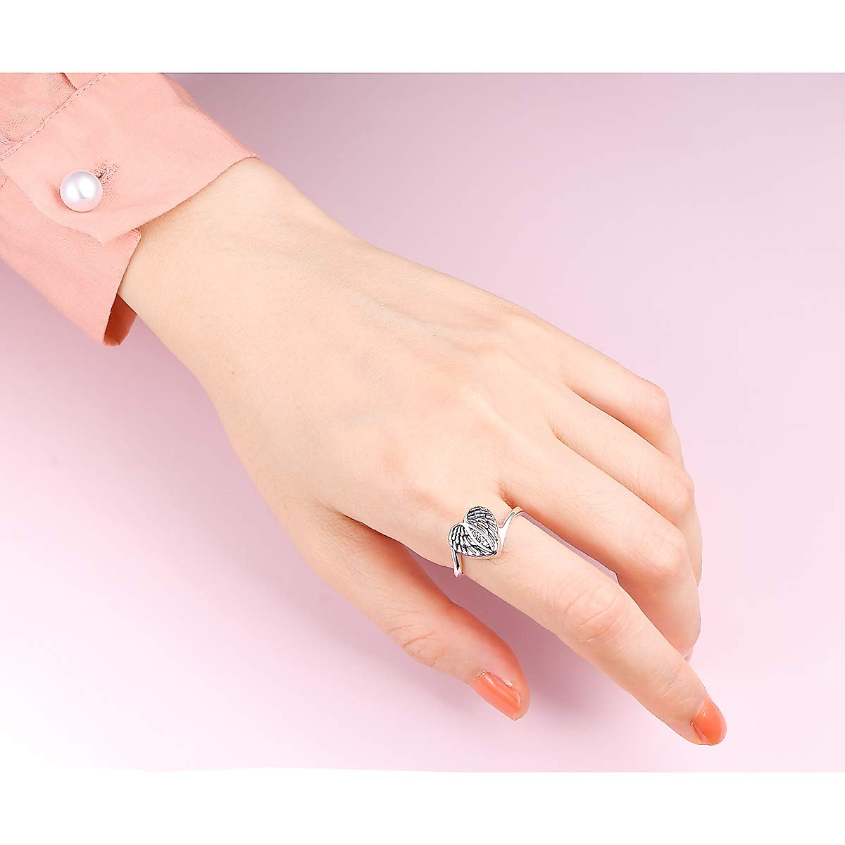 925 Sterling Silver Angel Wings Urn Heart Ring Hold Loved Ones Ashes Always in My Heart Keepsake Memorial Jewelry Cremation Rings for Women（8）