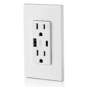 Leviton T5633-W 15-Amp Type A & Type-C USB Charger/Tamper Resistant Outlet, Not for Laptops, White