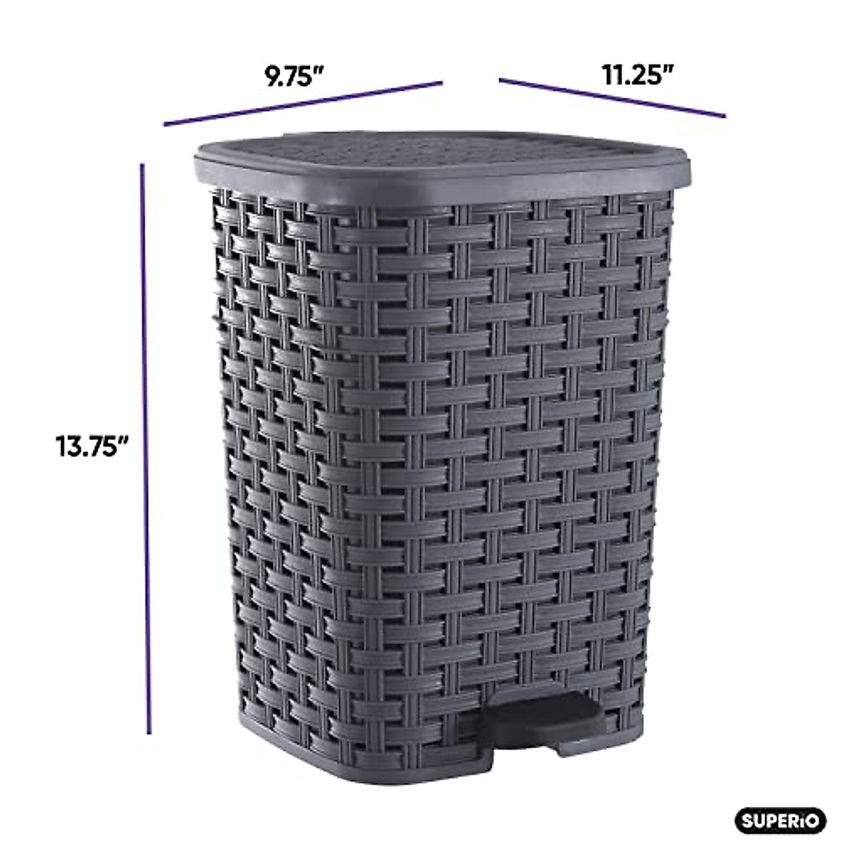 Superio Mini Trash Can with Foot Pedal Small Outdoor Garbage Can with Lid, 3 Gallon Plastic Waste Basket for Bathroom, Bedroom, Kitchen, Office, Patio (Wicker Grey 12 QT.)