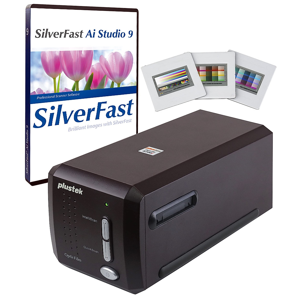 Plustek OpticFilm 8300i Ai Film Scanner - Converts 35mm Film & Slide into Digital, Bundle SilverFast Ai Studio 9 + QuickScan Plus, Include Advanced IT8 Calibration Target (3 Slide)