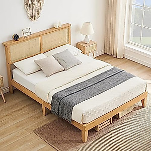 GAOMON Queen Bed Frame with Natural Rattan Headboard, Queen Size Platform Bed Frame with LED Lights & Curved Rattan Headboard & Wooden Support Legs, No Box Spring Needed, Easy Assembly