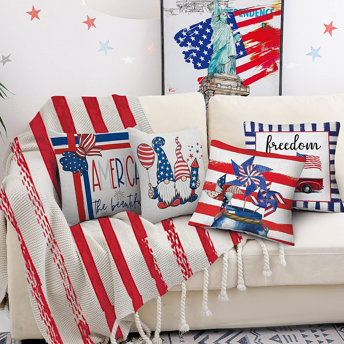 COMMINY 4th of July Pillow Covers 18x18 Set of 6 Patriotic Stripes Throw Pillow Cover American Flag Pillow Case Independence Memorial Day Decorations for Couch Home Outdoor