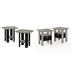 Furinno Simple Design End Table, 2-Pack, French Oak Grey/Black & Andrey Set of 2 End Table/Side Table/Night Stand/Bedside Table with Bin Drawer, French Oak Grey
