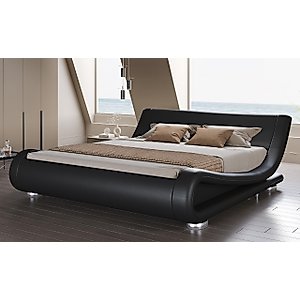 SHA CERLIN King Size Upholstered Bed Frame, Deluxe Low Profile Sleigh Bed with Faux Leather Ergonomics Headboard, No Box Spring Needed & Easy Assembly, Black