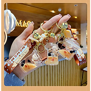 HSYHERE Men Women Creative Interesting Floating Milk Tea Brown Bear Lucky Bottle Keychain Keyrings. Bubble Tea Bear Moving Liquid Sand Car Key Chain Bag Pendant Decoration Holder - Cup.