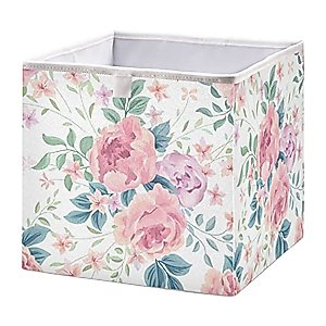 Kigai Cube Storage Bin Pink Rose Flower Floral Foldable Storage Basket Toy Storage Box for Home Organizing Shelf Closet Bins, 11 x 11 x 11-Inch