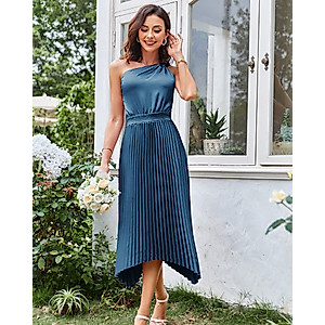 GRACE KARIN Womens One Shoulder Cutout Sleeveless Midi Dress Sexy Satin Pleated Dress Elegant Formal Prom Party Dress Peacock Blue S