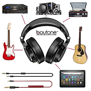 Boytone BT-10BK Wired Over Ear Headphones Hi-Res Studio Monitor & Mixing DJ Stereo Headsets with 50mm Drivers and 1/4 to 3.5mm Audio Jack, Foldable for Computer Recording Phone Guitar Laptop – Black