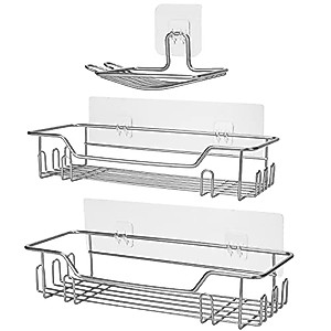 KeFanta Adhesive Shower Shelves,Shower Caddy Organizer with 18 Hooks,Drilling Free Razor Shower Shampoo Soap Holder,3 Pack Shower Racks for Inside Shower,Stainless Steel/Silver
