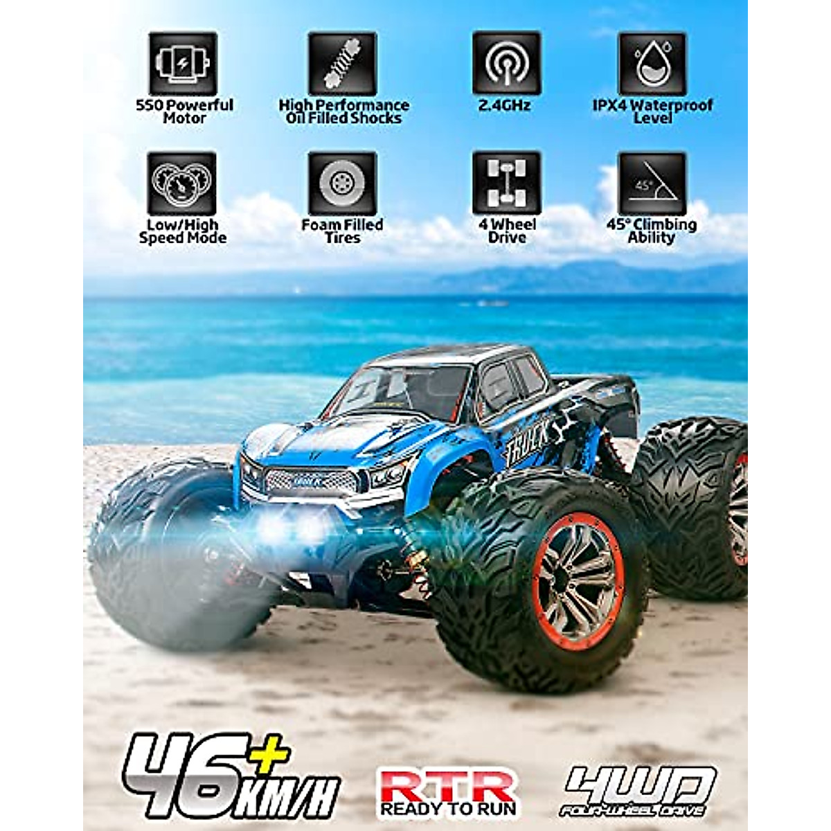 Hosim 9155 46+ KMH 4WD High Speed RC Monster Trucks,1:12 Scale Large Size RC Cars for Adults Boys Kid, All Terrain RC OffRoad Car 40+Min Play Remote Control Car for Boy 2 Batteries|6 Oil Filled Shocks