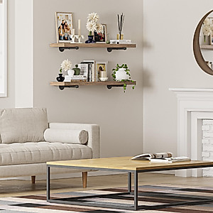 Wallniture Pipe 48 inch Long x 9.25 in Deep Floating Shelves for Wall, Industrial Pipe Shelving, Wall Bookshelf for Living Room, Home Office, Laundry Room, Wall Shelves Set of 2, Burnt, Wood