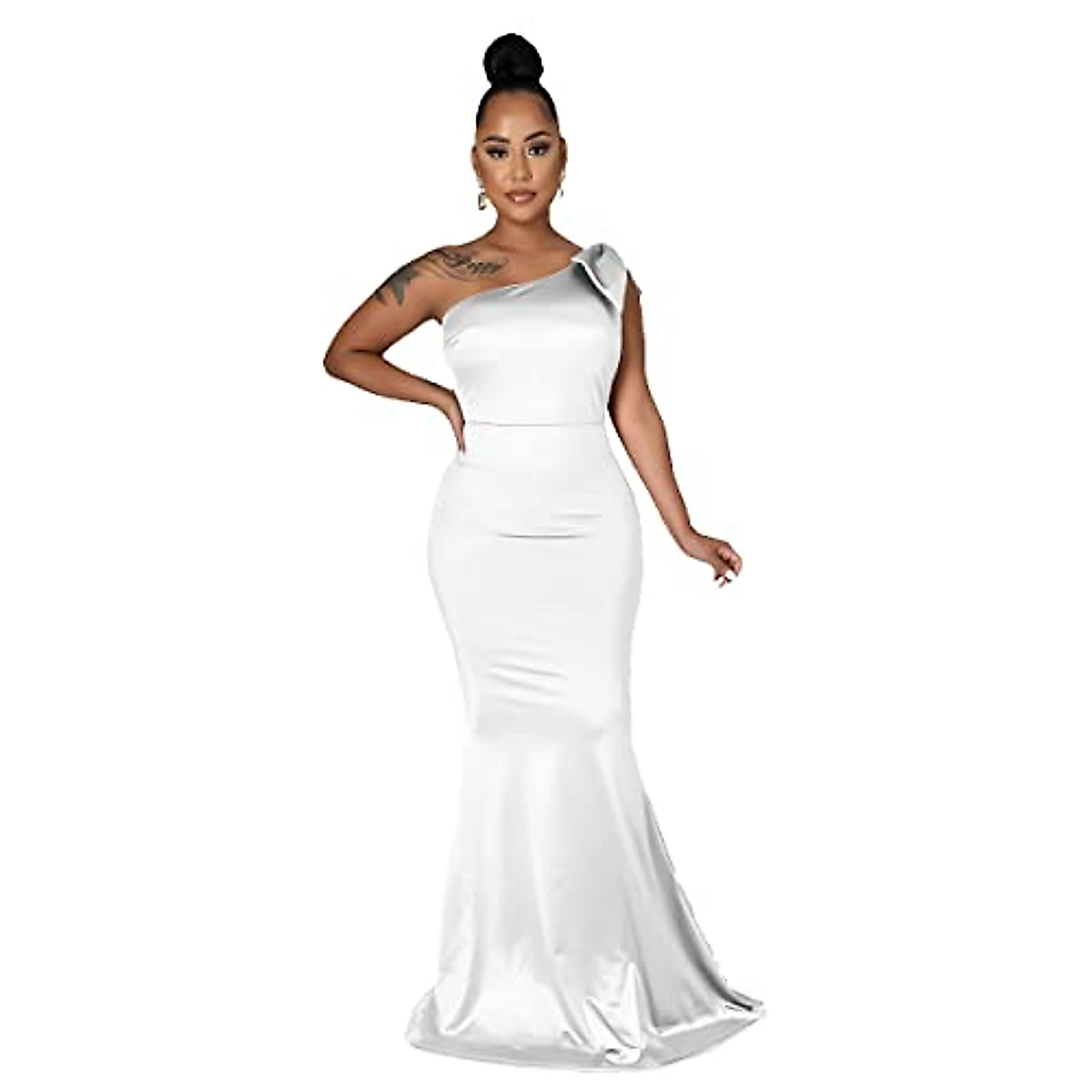 FairyLove Women's Fashion Ruched Bodycon Dress Sleeveless One Shoulder Wrap Satin Belted Cocktail Midi Dresses White
