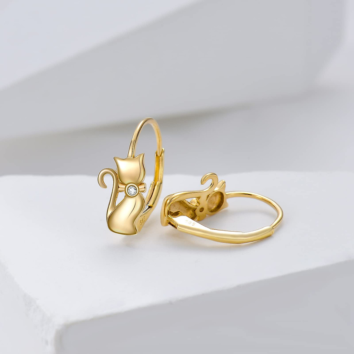 Cat Earrings 14k Yellow Gold Cute Animal Cat Leverback Earrings for Women Teens Girls Birthday Christmas Gifts