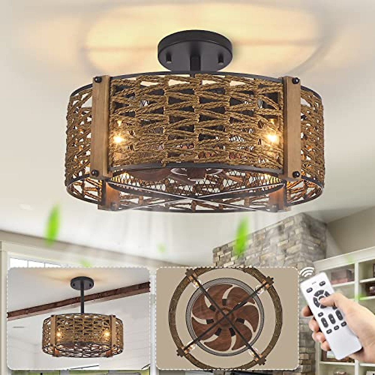 Farmhouse Caged Ceiling Fan with Lights Remote Control, Low Profile Bedroom Ceiling Fans, Industrial 17 Inch Ceiling Fans for Kitchen, Bedroom, Dining Room