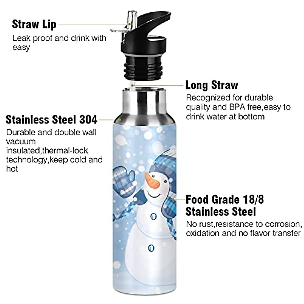 xigua Christmas Snowman Water Bottle Stainless Steel Vacuum Insulated Water Bottle with Straw Lid for Sports Cycling Hiking Gym School Home,20 oz.