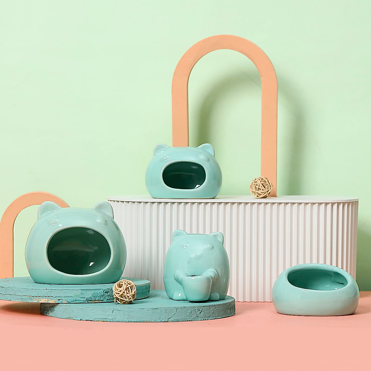 Cartoon Sculpted Ceramic Hamster House Food Feeding Bowl Water Bowl to Prevent Spilled Food and Chewing Tray Gerbils Chinchilla Ferret Hedgehog Small Animals (Cyan)