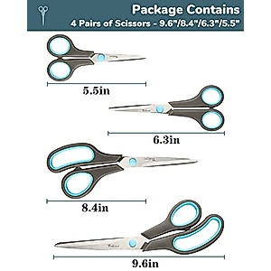 Teskyer Scissors Set of 4 Pack, 4 Sizes All-Purpose Stainless Steel Scissors with Comfort Soft Grip for Craft, School, Office and Family Daily Use, 9.6"/8.4"/6.3"/5.5", Blue & Grey