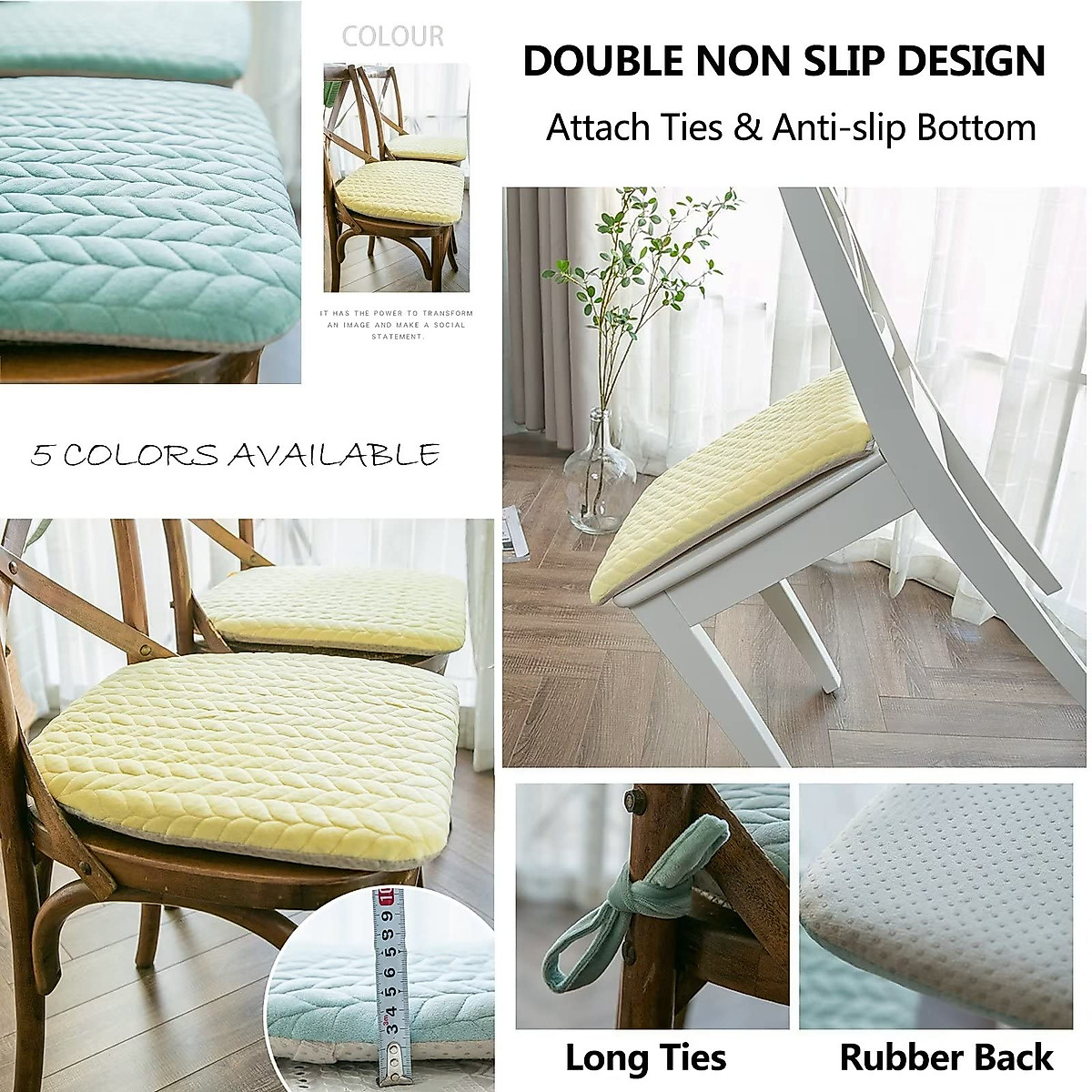 ZIBENE Chair Cushions for Dining Chairs 4 Pack with Ties, Seat Cushion for Kitchen Chairs Set of 4, Chair Pads and Cushions for Dining U Shaped, Cover Removable and Washable, No Fading Yellow