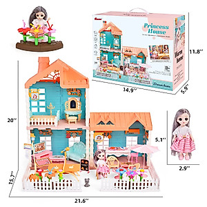 RASSR Doll House Kit 4-5 Year Old with Dollhouse Furniture & Accessories, Toddler Girls Princess Doll House 2-3 Year Old with Lights, Chimney and Garden Building Toys, DIY Pretend Dollhouse Playset