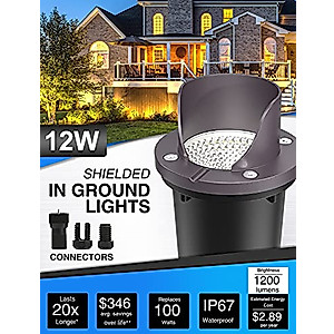 SUNVIE 12W Low Voltage Landscape Lights Waterproof Outdoor In-Ground Lights Shielded LED Well Lights 12V-24V Warm White Landscape Lighting for Pathway Garden Fence Deck, 6 Pack with Wire Connectors