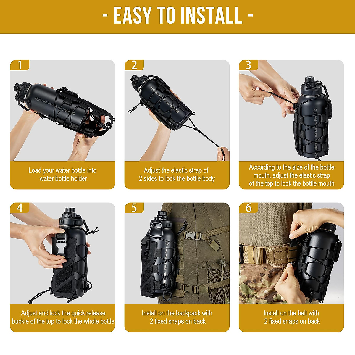 OneTigris Molle Water Bottle Holster, 32oz Adjustable Water Bottle Holder Tactical Water Bottle Pouch Lightweight Kettle Pouch Belt Bottle Carrier Bag with Straps for Outdoor Sports