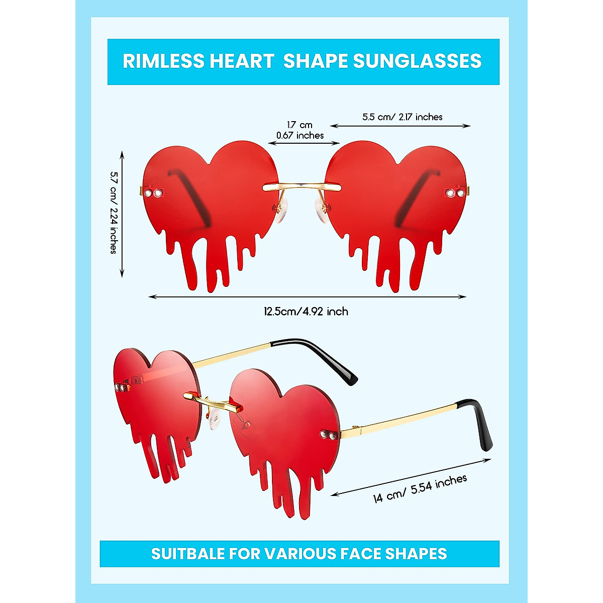 7 Pairs Melting Heart Sunglasses for Men Women Heart Drip Tears Flame Colorful Sunglasses Rimless Wave Eyewear (Fresh Colors)