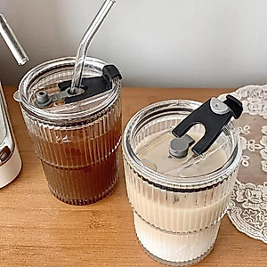 AKAVIG 1 pieces Classic Vertical Stripes Coffee Glass Cups with Lid and Straw - 14.5 Oz Ice Coffee Cup Ribbed Glassware