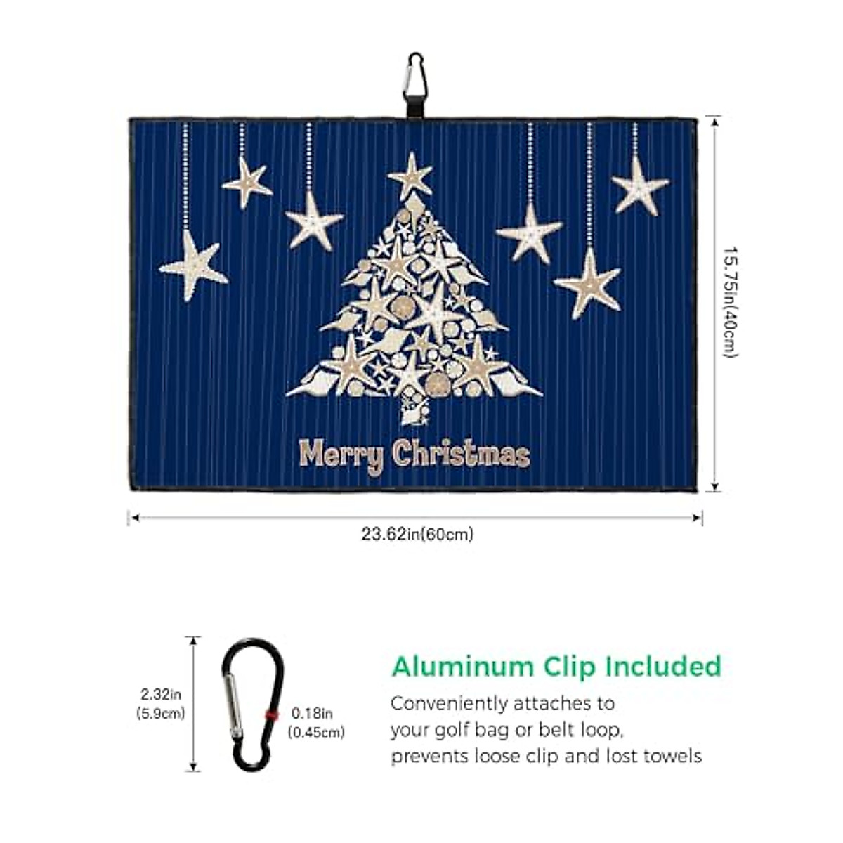 Golf Towel Christmas Summer Starfish Conch Xmas Tree,Waffle Pattern Microfiber Club Cleaner Golf Towels with Carabiner Clip for Women Men Dad,Navy Blue Stripe Golf Towel for Golf Bags,24x16in