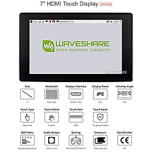 Waveshare 7inch Capacitive Touch Screen LCD (H) with Case, Compatible with Raspberry Pi 5/4B/3B/Zero/Zero W/Zero 2W/Pico/Pico W/Pico WH, 1024×600, HDMI, IPS