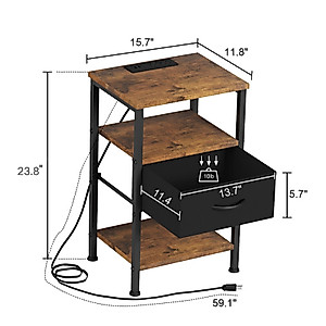 Fixwal Night Stand with Charging Station, Adjustable Bed Side Table with Fabric Drawer, Farmhouse End Table, Bedside Table with Storage, Rustic Brown