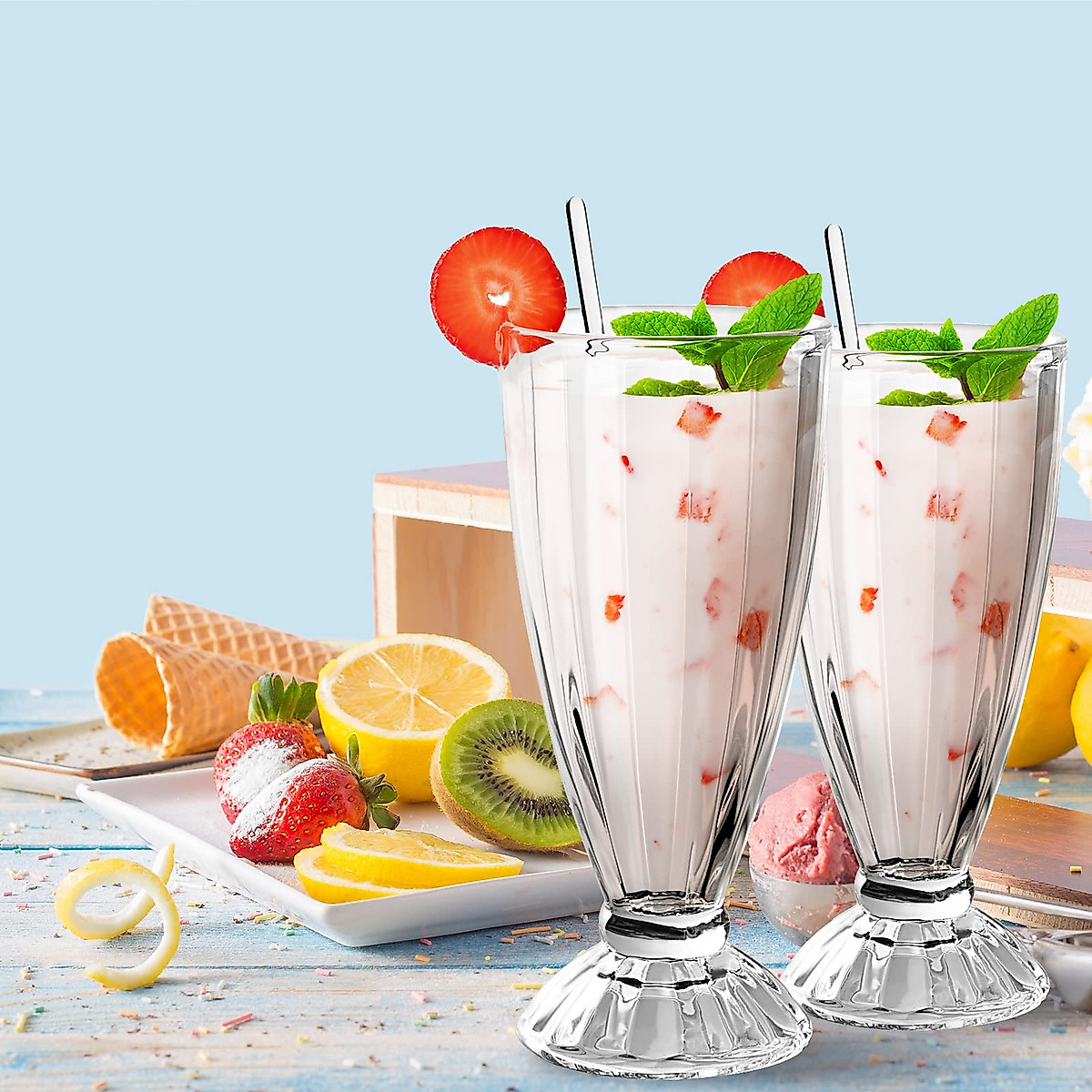 8 Pieces Milkshake Glass Clear Ice Cream Soda Glass with 8 Long Stainless Steel Spoons Old Fashioned Fountain Soda Cups for Beer Dessert Milk