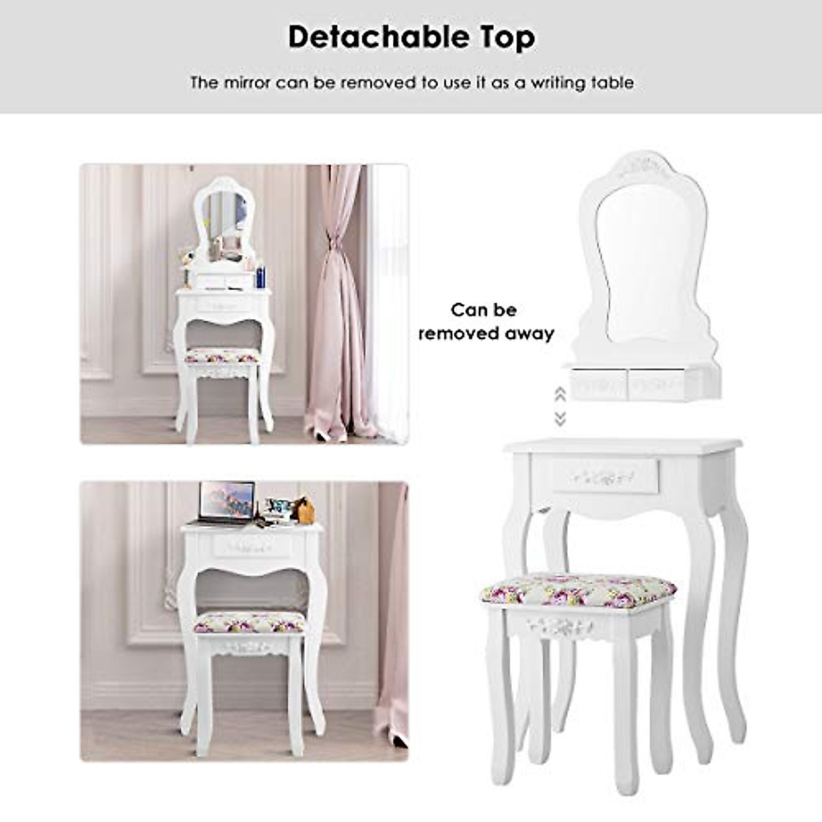 Giantex Vanity Set with 3 Drawers and Cushioned Stool, Makeup Dressing Table for Bathroom Bedroom Small Space, Vanity Table and Bench for Kids Girls Women Gifts (White)