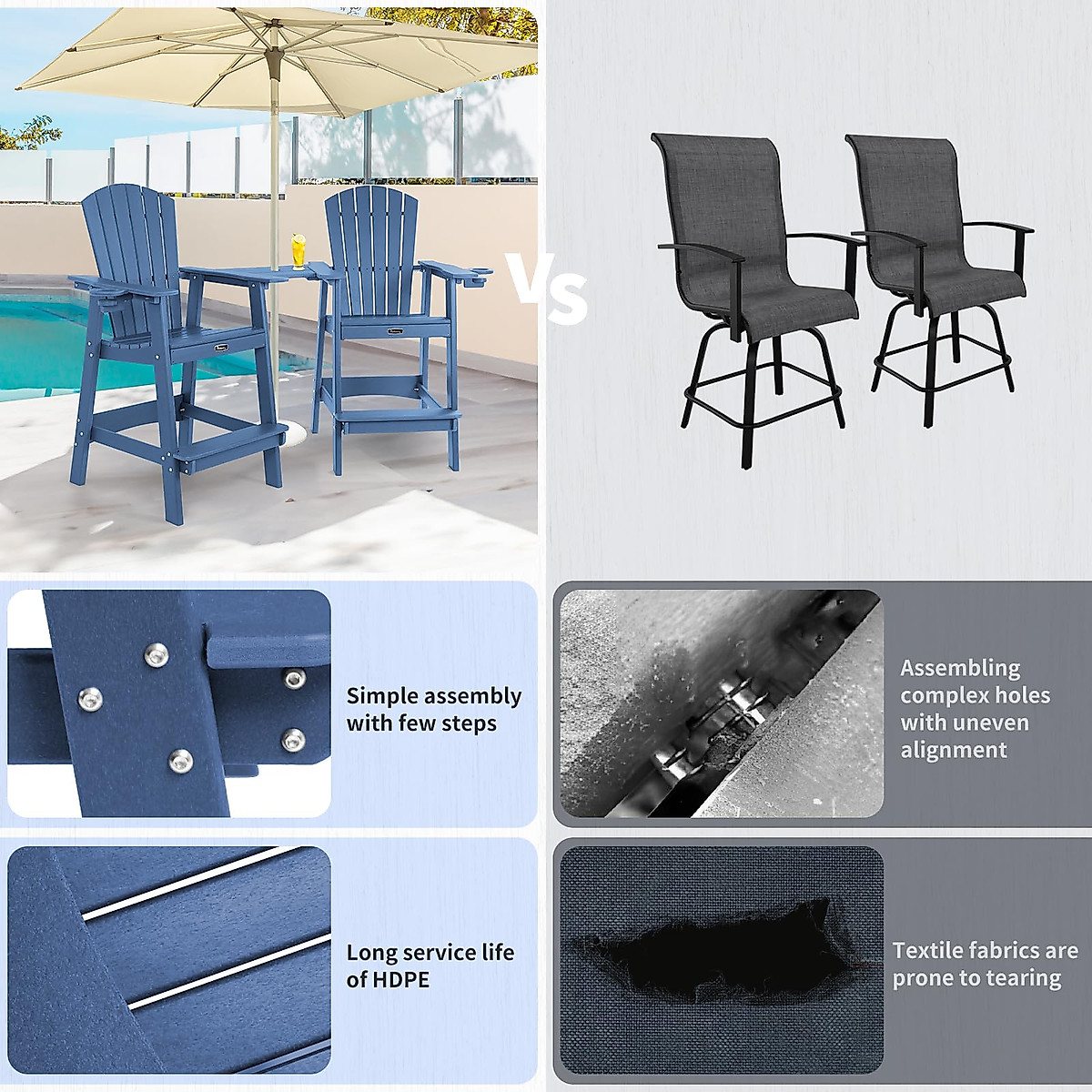 FUNBERRY Tall Adirondack Chair,Balcony Chair with Connecting Tray,Adirondack Bar Stools with Cup Holder,High Top Adirondack Chairs,Resin High Back Outdoor Chairs,Lifeguard Chair