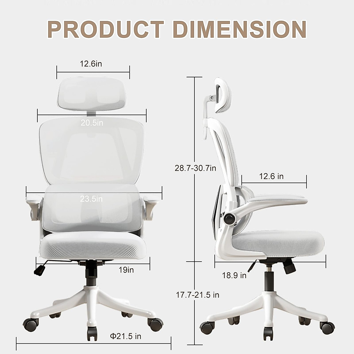 XUEGW Ergonomic Office Chair Comfort Home Desk Chair Adjustable High Back Mesh Chair Lumbar Support Computer Chair with Flip-up Arms for Work, Study, Gaming,White Mesdh Chair